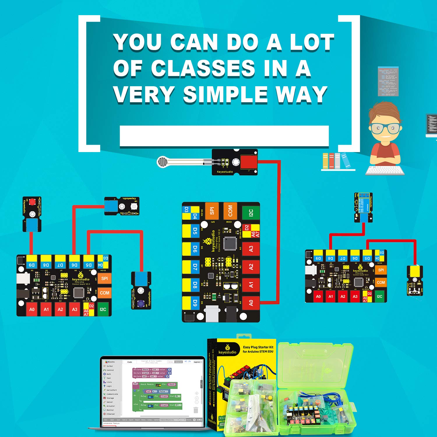 KEYESTUDIO Starter Kit for Arduino with RJ11 Connector, STEM Education Programming Learning Kit for Primary, High School and College Students, Support Arduino and Mixly Graphical Programming