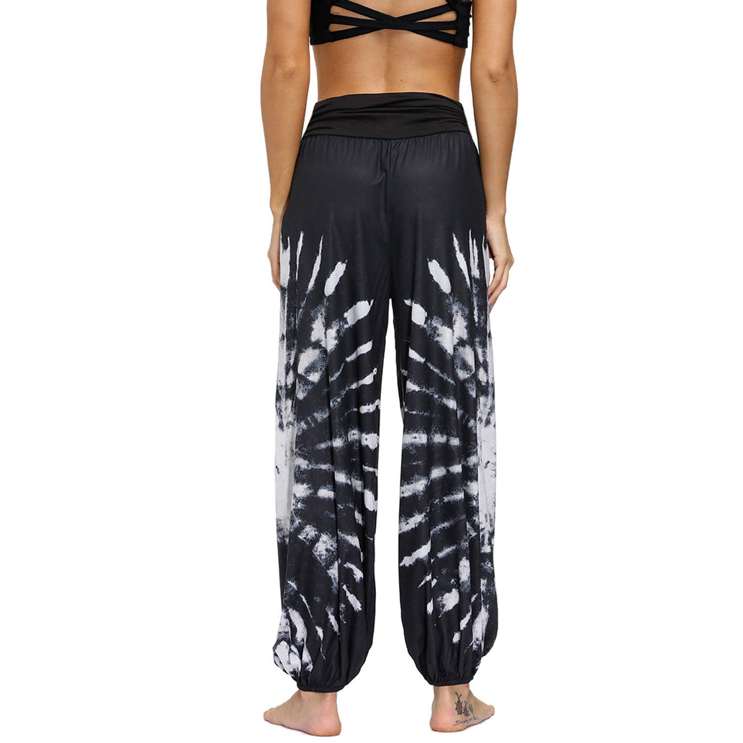 Lu's Chic Women's Boho Hippie Pants Yoga Thai Indian Bohemian Summer Cinch Bottom High Waisted Printed Pants Black Style3 X-Large