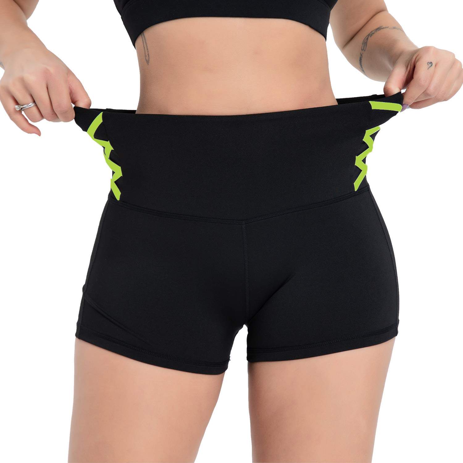 Kipro High Waist Biker Workout Yoga Shorts for Women Runing Compression Bottom Skinny Shorts Black/Fluorescent Green Medium