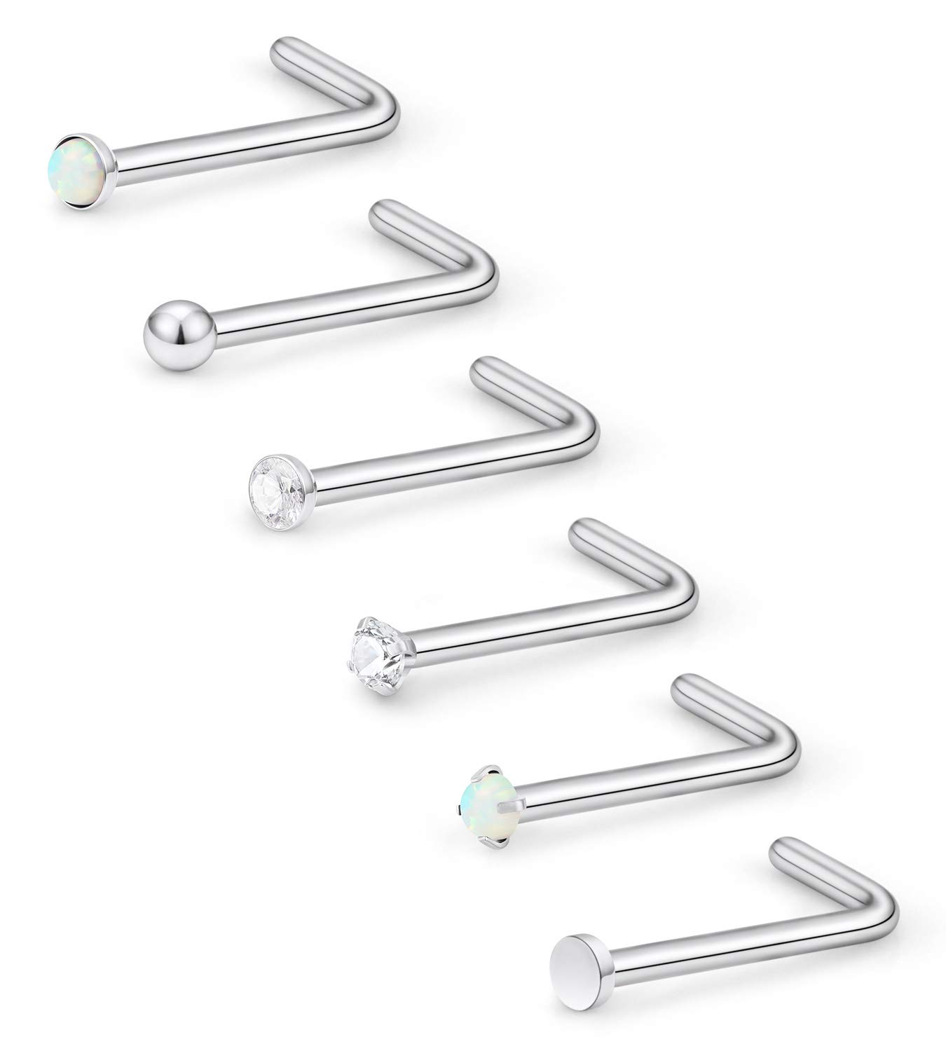 Lcolyoli 22G Stainless Steel Nose Rings L Shaped Stud Piercing Jewelry for Women 1.5mm CZ Opal Ball Inlaid