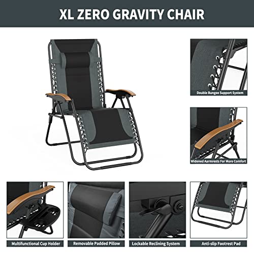 Oversized Zero Gravity Chair with 4 in 1 Cup Holder Padded Headrest Outdoor Adjustable Folding Reclining Patio Chair,350lb Capacity Patio Recliner Lounge Chair for Outside,Camping,Pool(Black+Grey)