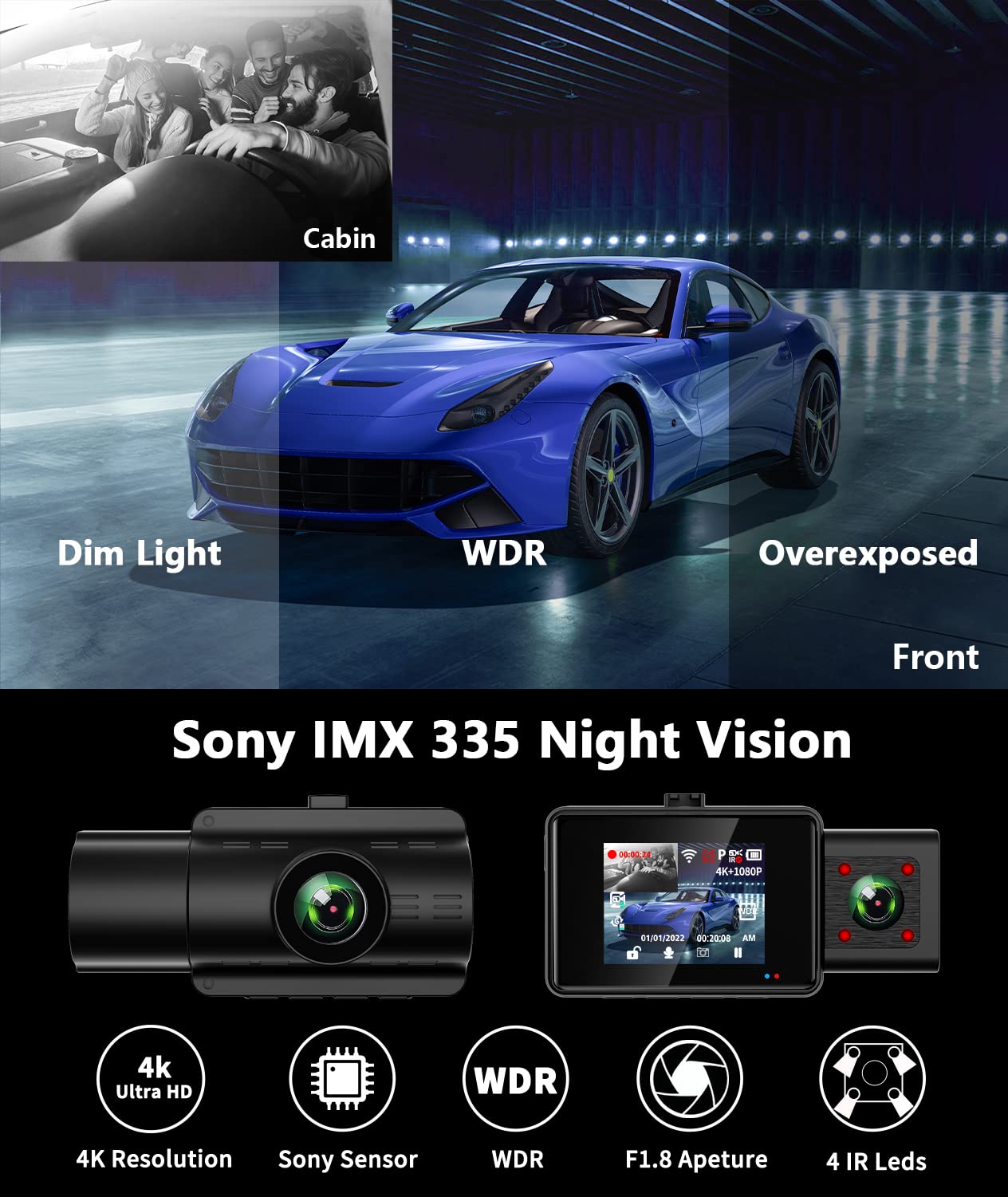 Moplasz 4K Dash cam, WiFi Dual Dash Cam Front and Inside with GPS, App, Night Vision, Loop Recording, G-Sensor, 24/7 Parking Monitor, Support 256GB Max (Black)