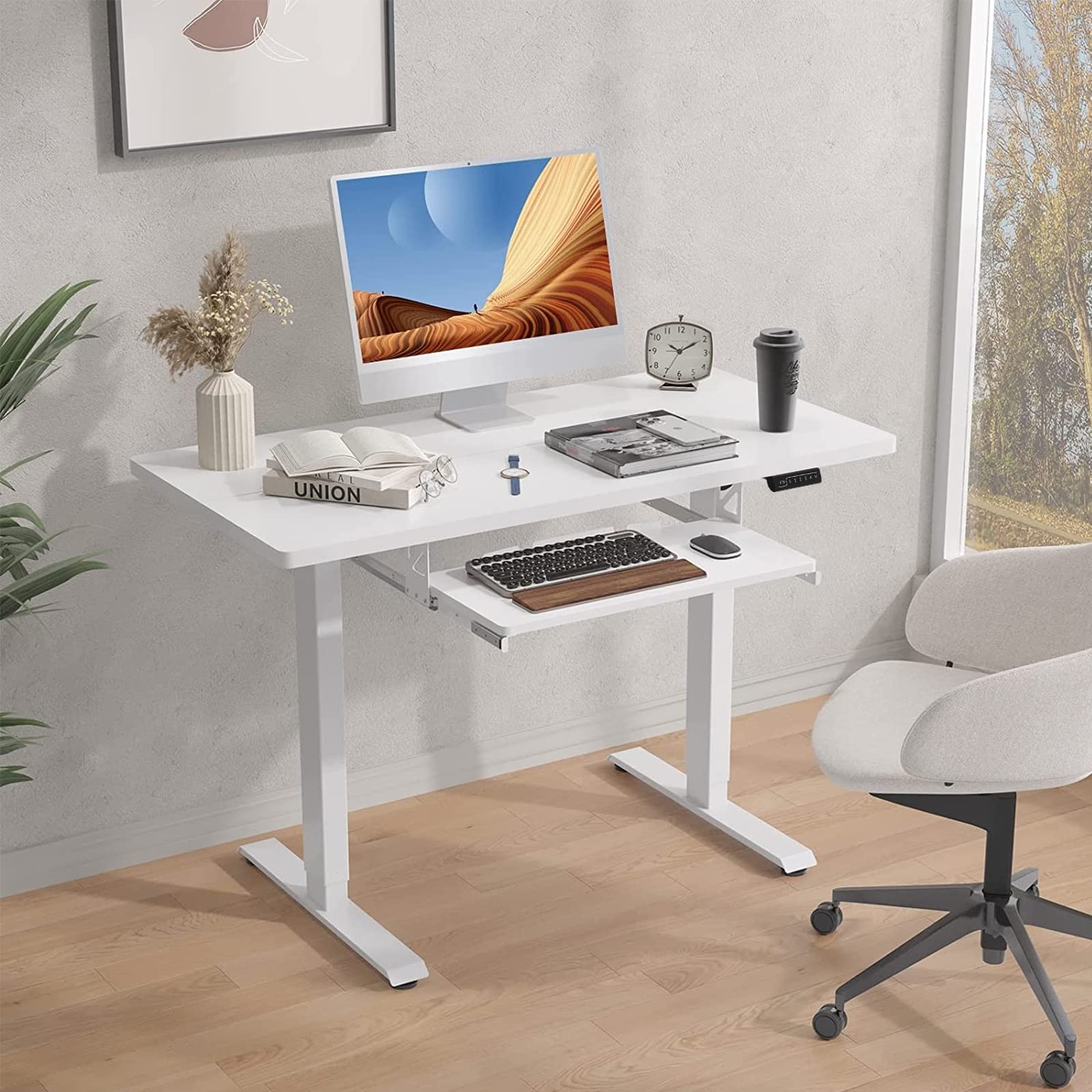 JOY worker White Electric Standing Desk with Keyboard Tray, Splice Board 48 x 24 Inches Sit Stand Up Height Adjustable Desk with Memory Controller, Ergonomic Workstation for Home Office