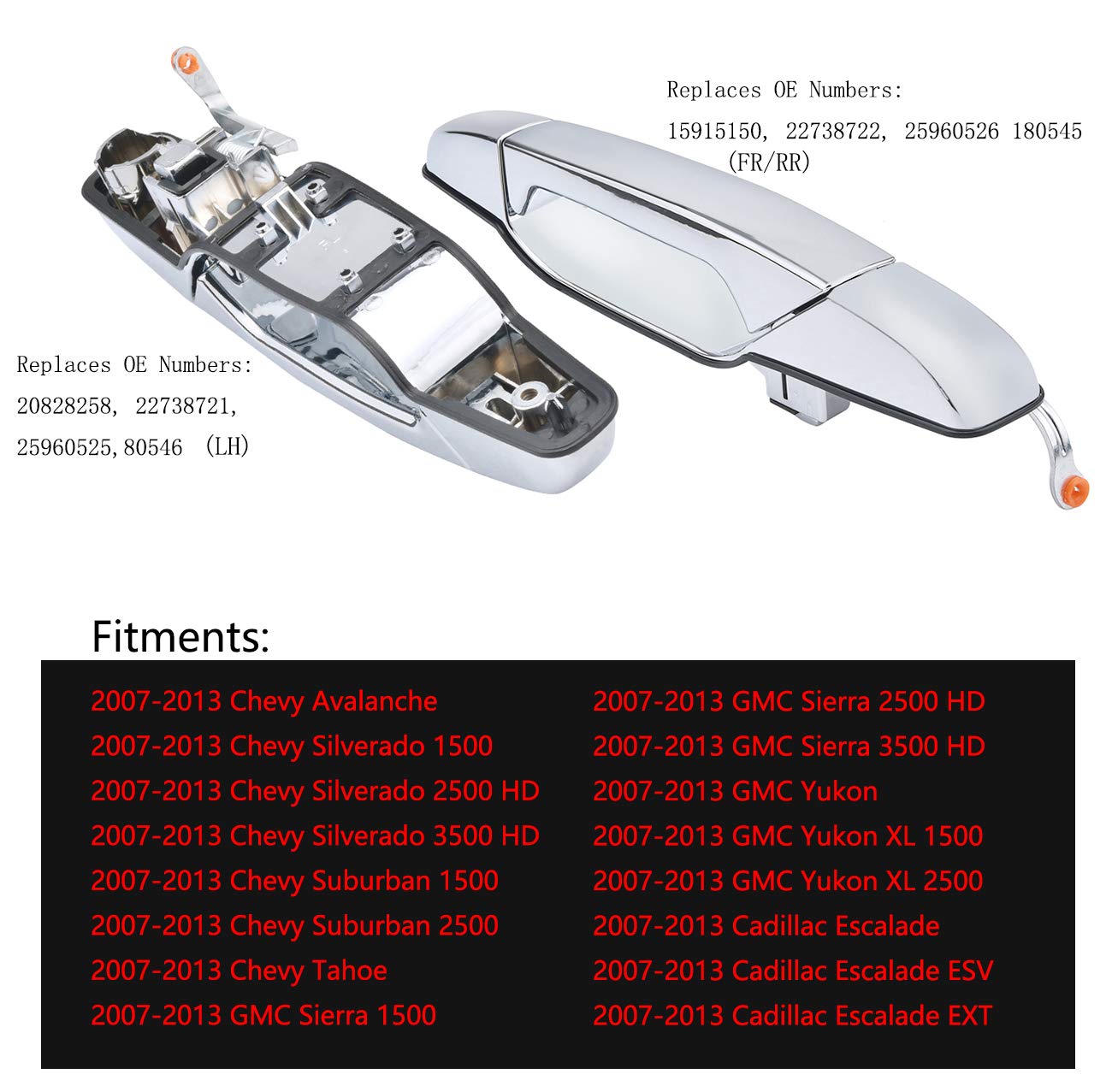 LEIMO KPARTS Exterior Chrome Door Handle Front Driver Passenger Side， Replacement for 2007-2013 Chevy Silverado Suburban Tahoe Avalanche, GMC Sierra Yukon, Cadillac Escalade | Replaces# 80546，80545