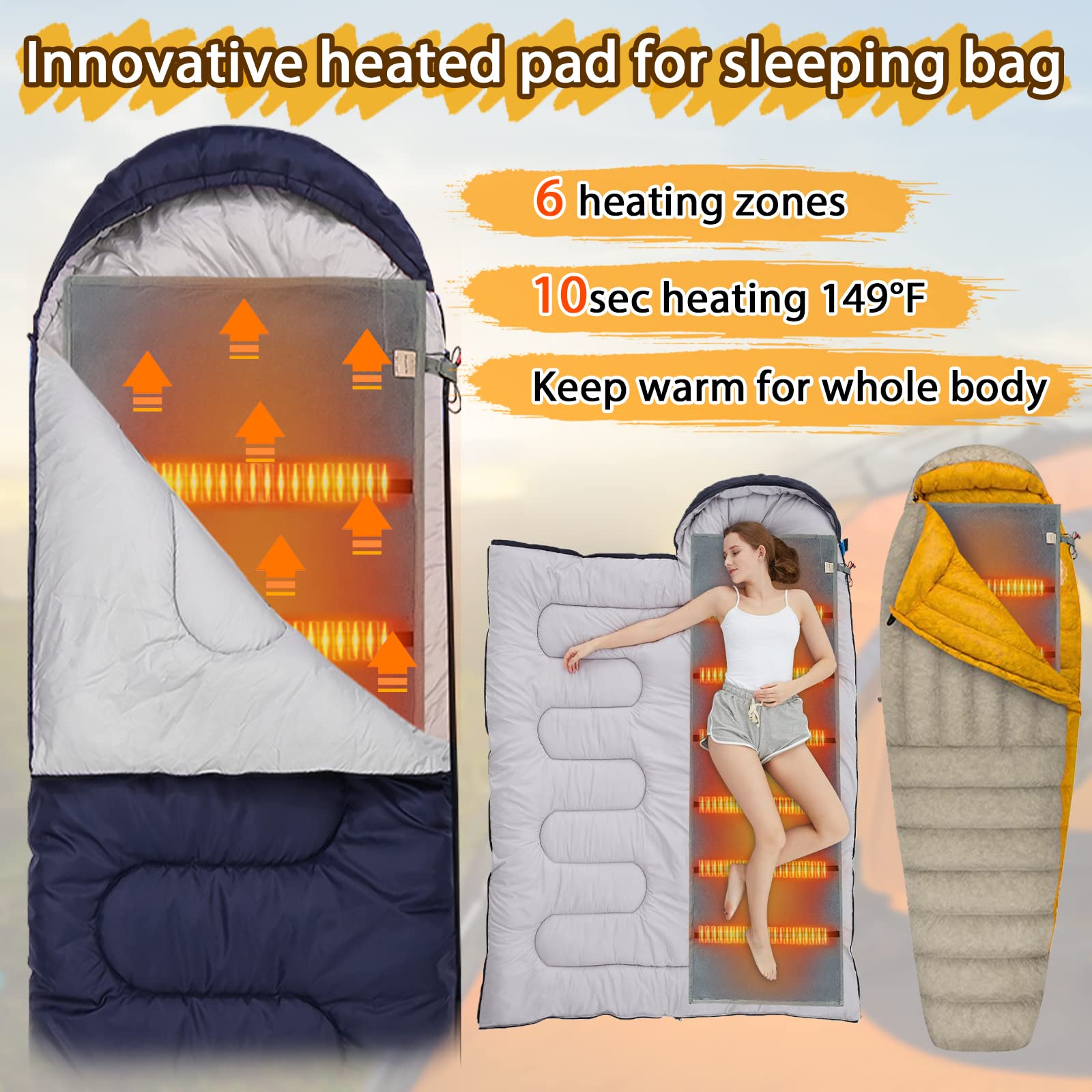 PANGTIKU Heated Sleeping Bag Liner - Battery Operated Heated Blanket for Camping Electric Warm Tent Heater for Cold Weather