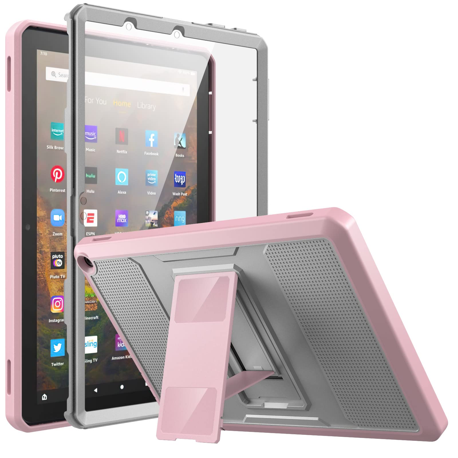 MoKo Case Fits All-New Kindle Fire HD 10 & 10 Plus Tablet (11th Generation, 2021 Release) 10.1", Full Body Rugged Hands-Free Viewing Stand Back Cover with Screen Protector, Gray&Pink