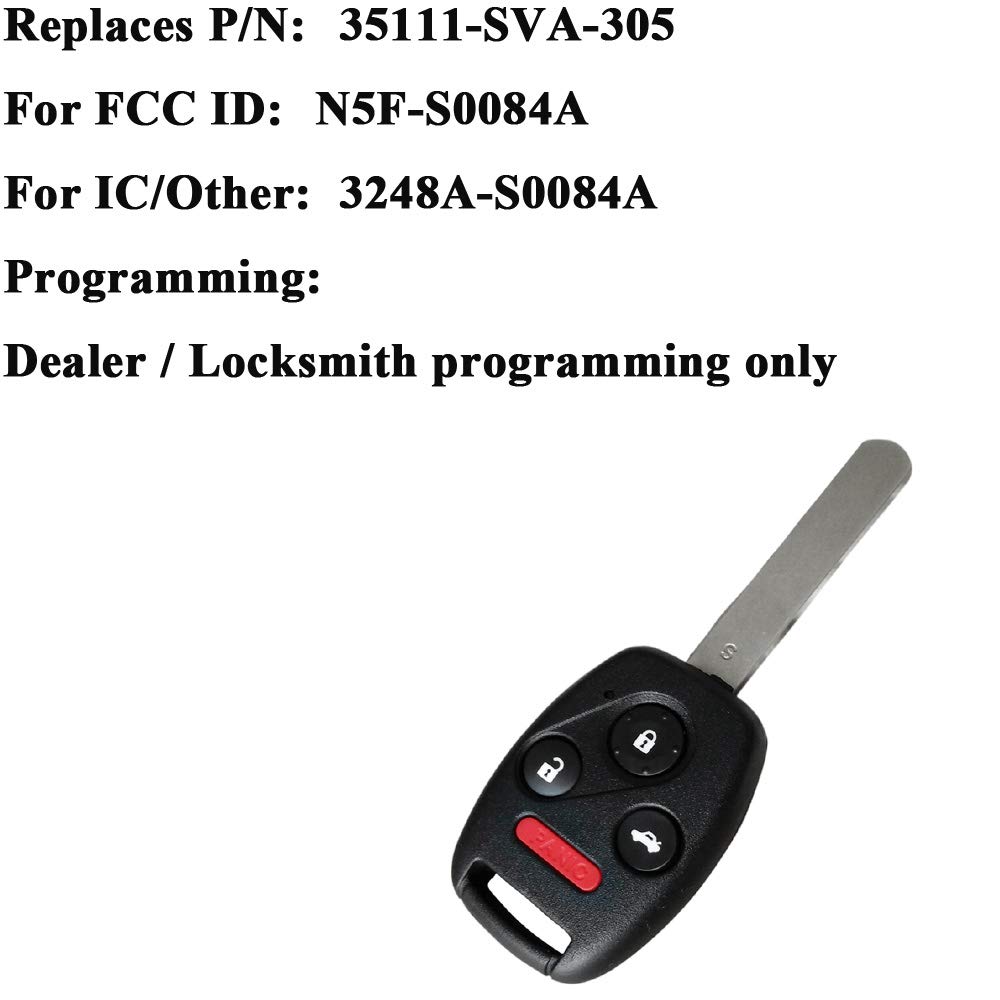Keyless Entry Remote Car Key Fob Replacement 4 Button N5F-S0084A Compatible for 2006-2011 Honda Civic,2006-2011 Honda Civic EX,2006-2011 Honda Civic Si