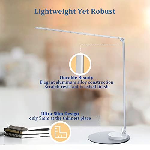 LED Desk Lamp, Dimmable Table Lamp Reading Lamp with USB Charging Port, 18 Lighting Modes,Memory Function, Sensitive Control, Aluminum Alloy Eye-Caring Office Lamp (Silver)