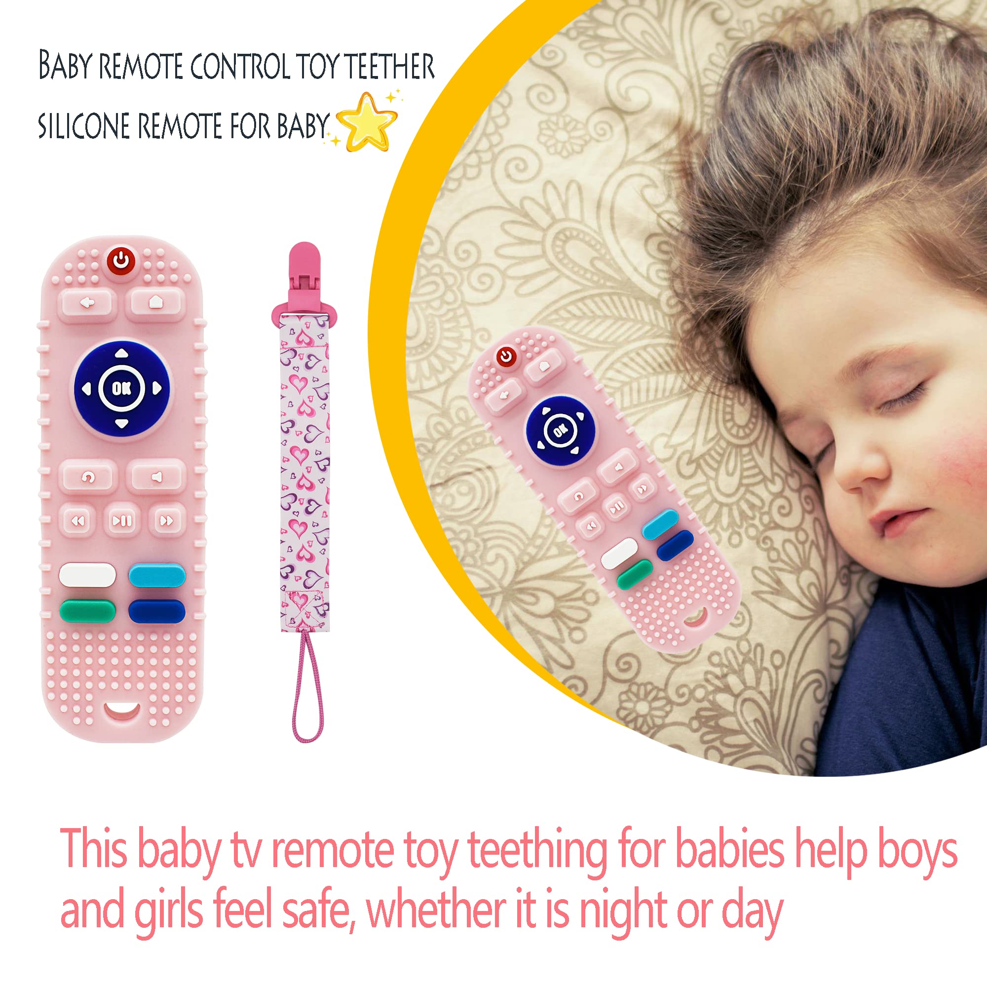 Remote Control Teether Toy for Babies 6 to 12 Months,Baby Teething Toys Tv Remote Shape with Pacifier Clip(Pink)