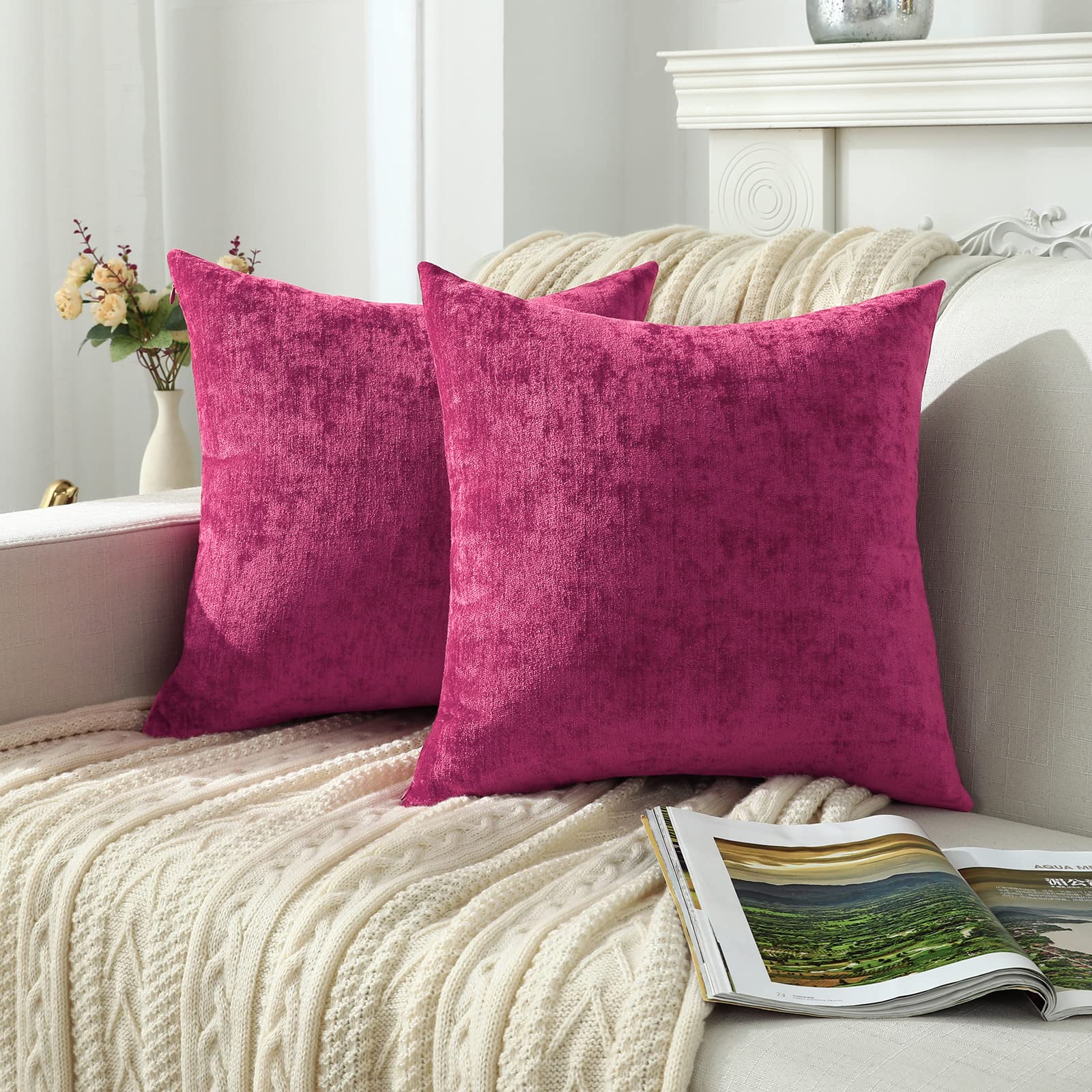 Jeneoo Decorative Fuschia Pink Throw Pillow Covers Rustic Farmhouse Super Soft Square Chenille Comfy Solid Cushion Couch Cases for Sofa Bedroom Chair (Set of 2, 18 x 18 Inches)