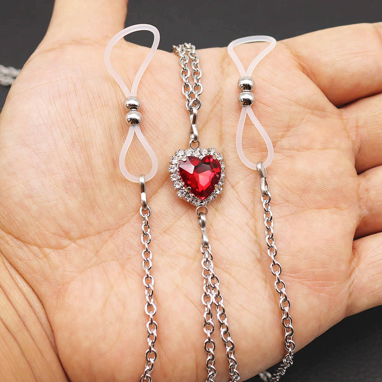 Mimimelon Non Piercing Nipple Jewelry Choker Heart Faux Nipple Piercing Chain Adjustable Nipple Rings-red