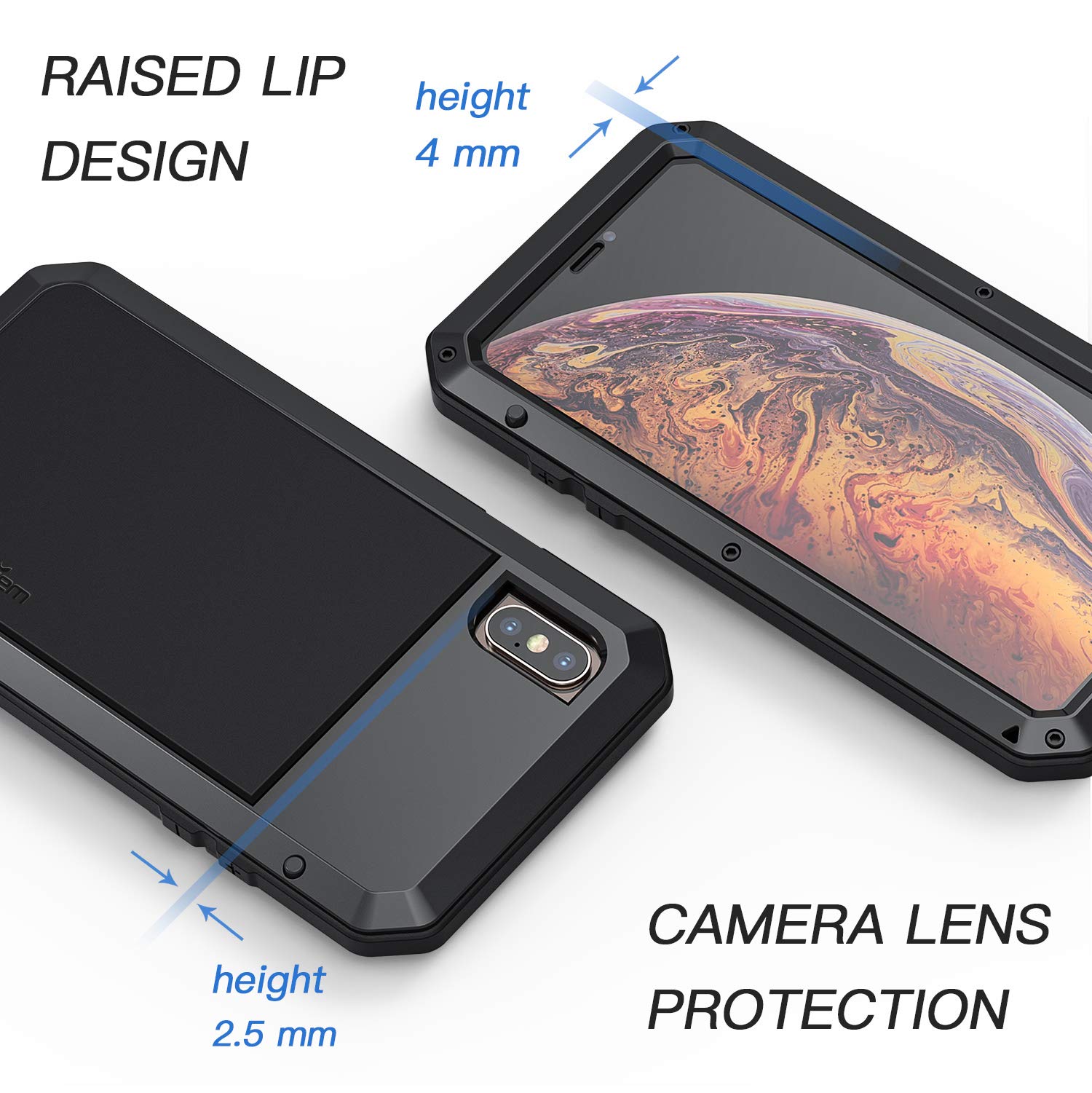 Lanhiem iPhone Xs Max Metal Case, Heavy Duty Shockproof [Tough Armour] Rugged Case with Built-in Glass Screen Protector, 360 Full Body Protective Cover for iPhone Xs Max (6.5" 2018) -Black