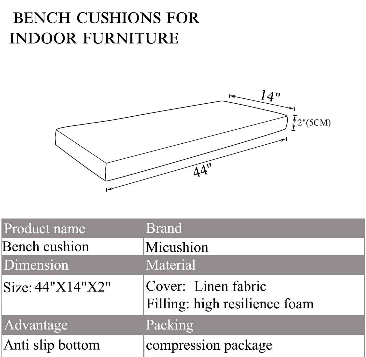 MICUSHION Piano Bench Cushion 44x14 Inch for Indoor Shoe Storage with Ties Non Slip Picnic Bench Pad for Kitchen Dining Table Seat, Navy Blue