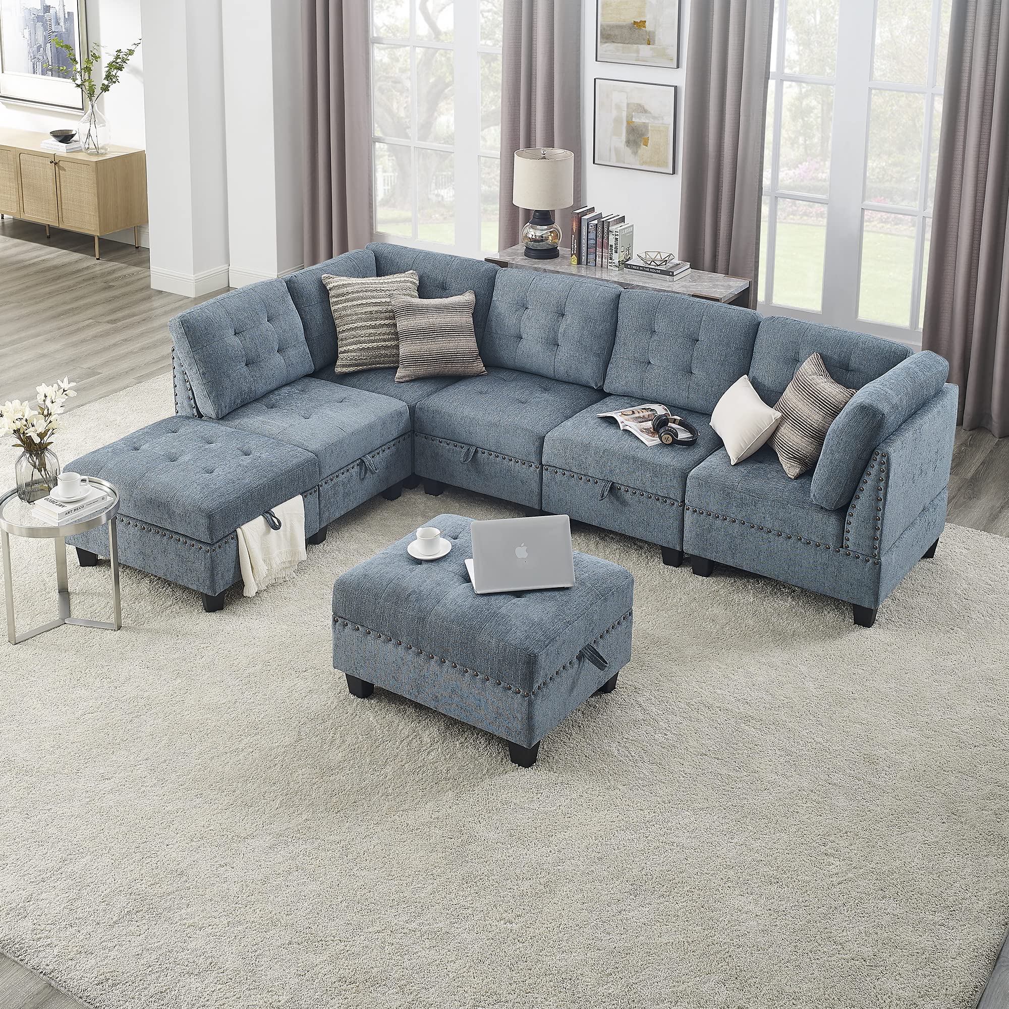 Melpomene 116'' Chenille L Shape Sectional Sofa with Storage Function and DIY Combination, Rivet Living Room Furniture Sets IncludesThree Single Chair Two Corner and Two Ottoman,Blue