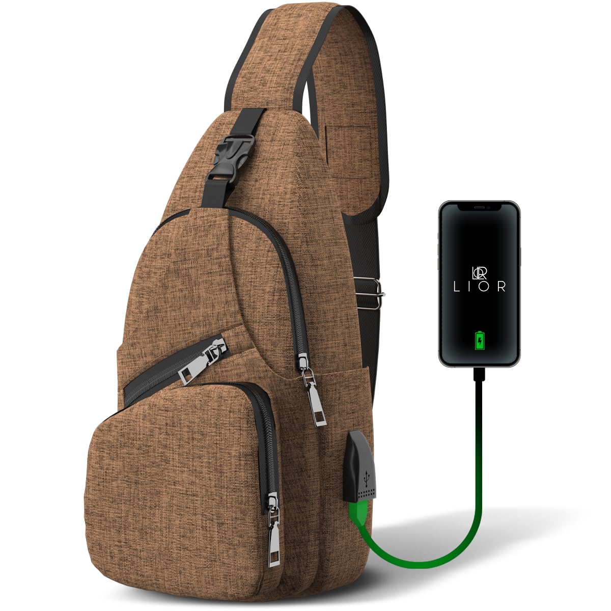 Lior Sling Bag Crossbody Shoulder Backpack with USB Charging Port - Men & Woman Travel-Friendly - Multipurpose Daypack with USB - for Travel, Hiking, Black