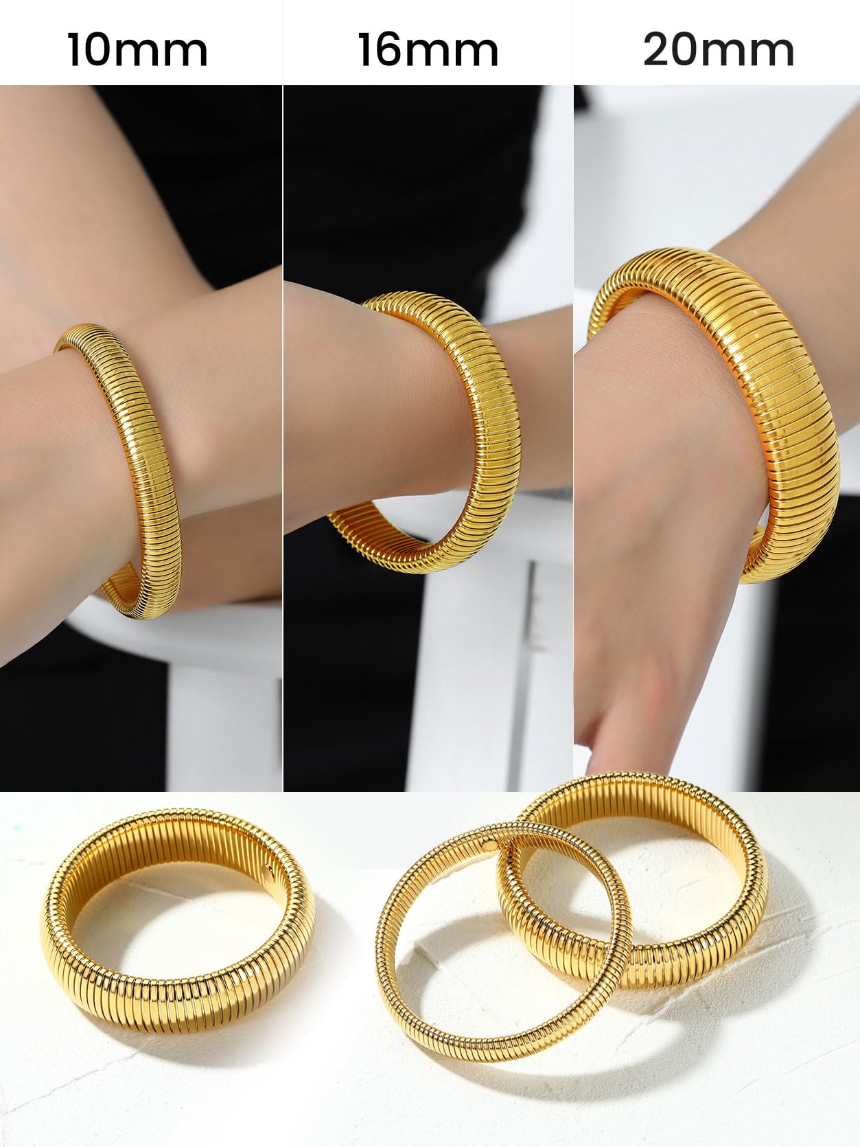 KeyStyle Gold Bangles for Women Thin Stretch Bracelets, High Polished Snake Link Flexible Bangle Bracelet (10mm wide)