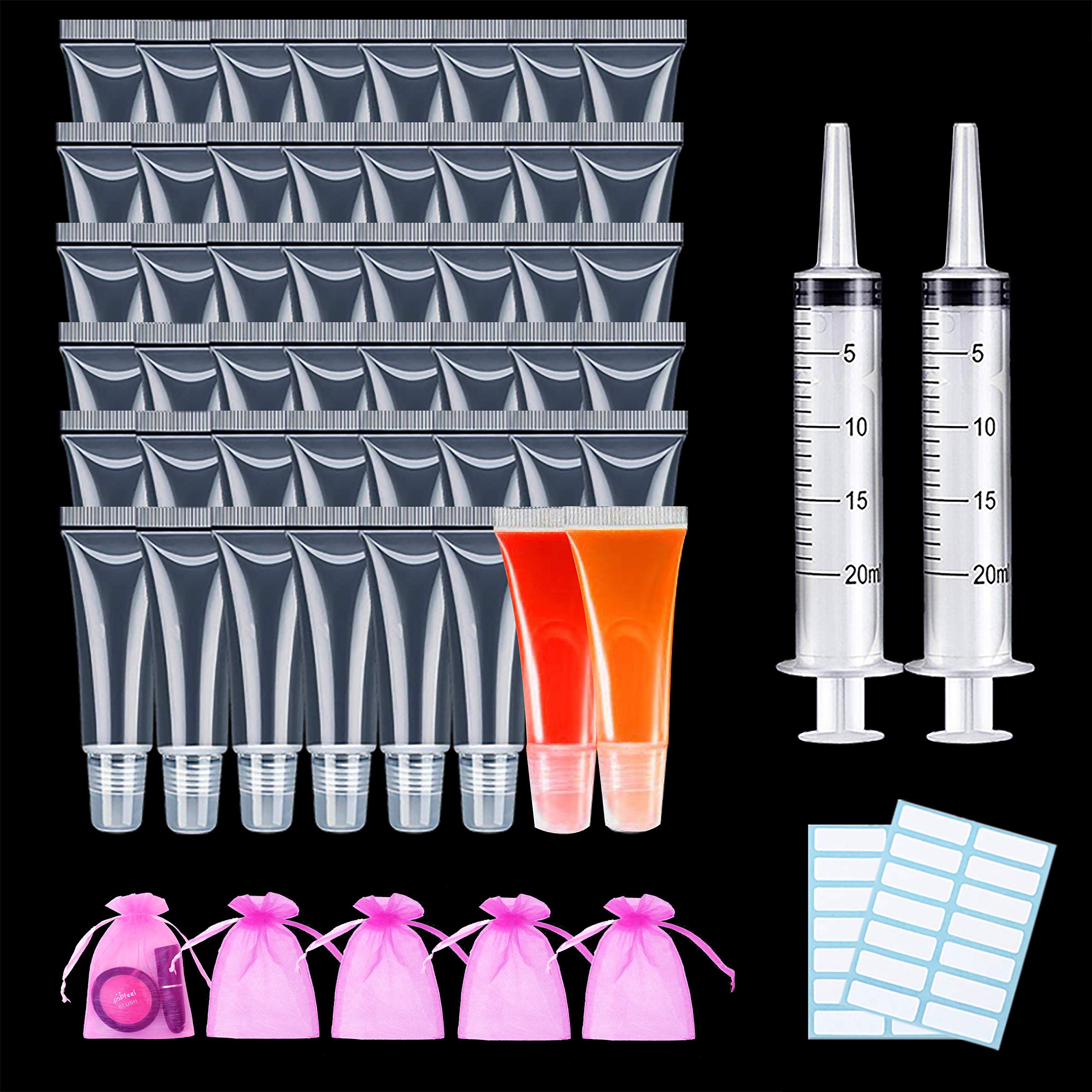 lip gloss tubes 50PCS 10ml Clear Empty Lip Balm Containers refillable soft cosmetic tubes for DIY lip gloss/travel toiletries with 2 20ml syringes