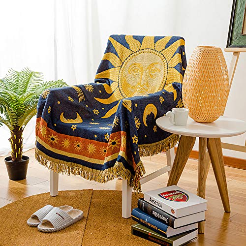 MayNest Sun And Moon Stars Hippie Throw Blanket Celestial Tapestry Double-sided Reversible Woven Cotton Home Decor Bedding Chair Couch Recliner Cover Loveseat Rug Oversized Tassels Blue Yellow (91x71)