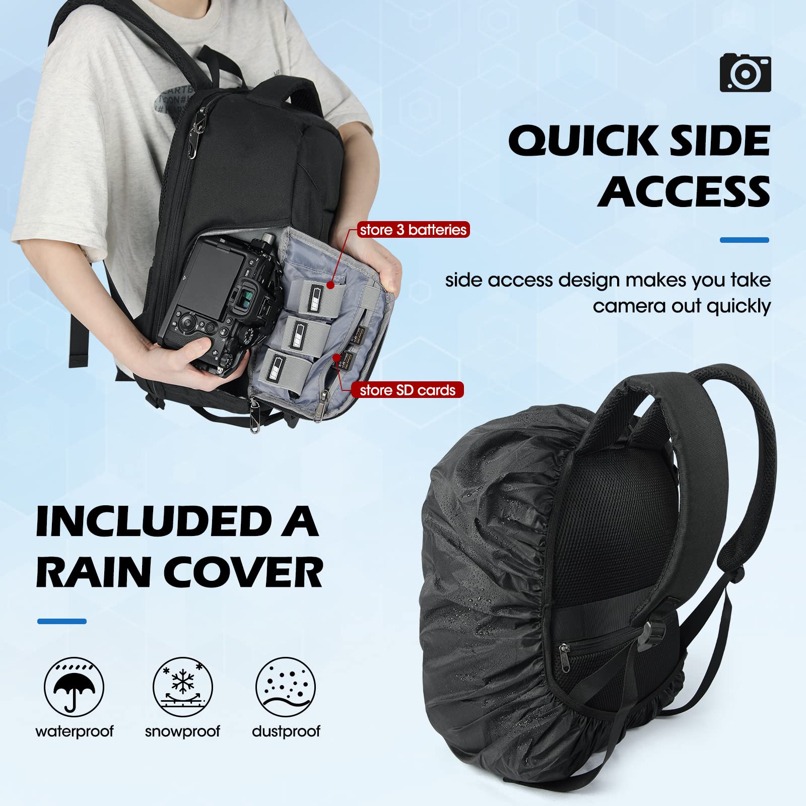 Lubardy Camera Bag Professional DSLR SLR Mirrorless Camera Backpack 15.6 Inch Waterproof Laptop Backpack Anti-Theft Camera Case with Rain Cover Large Capacity Photography Backpack for Men Women, Black