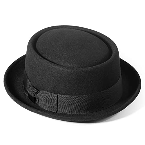 Pork Pie Hats for Men/Women, 100% Wool Felt Hat Womens Mens Stout Porkpie Breaking Bad Hat Unisex Flat Top Fedora Hats Boater Derby Crushable