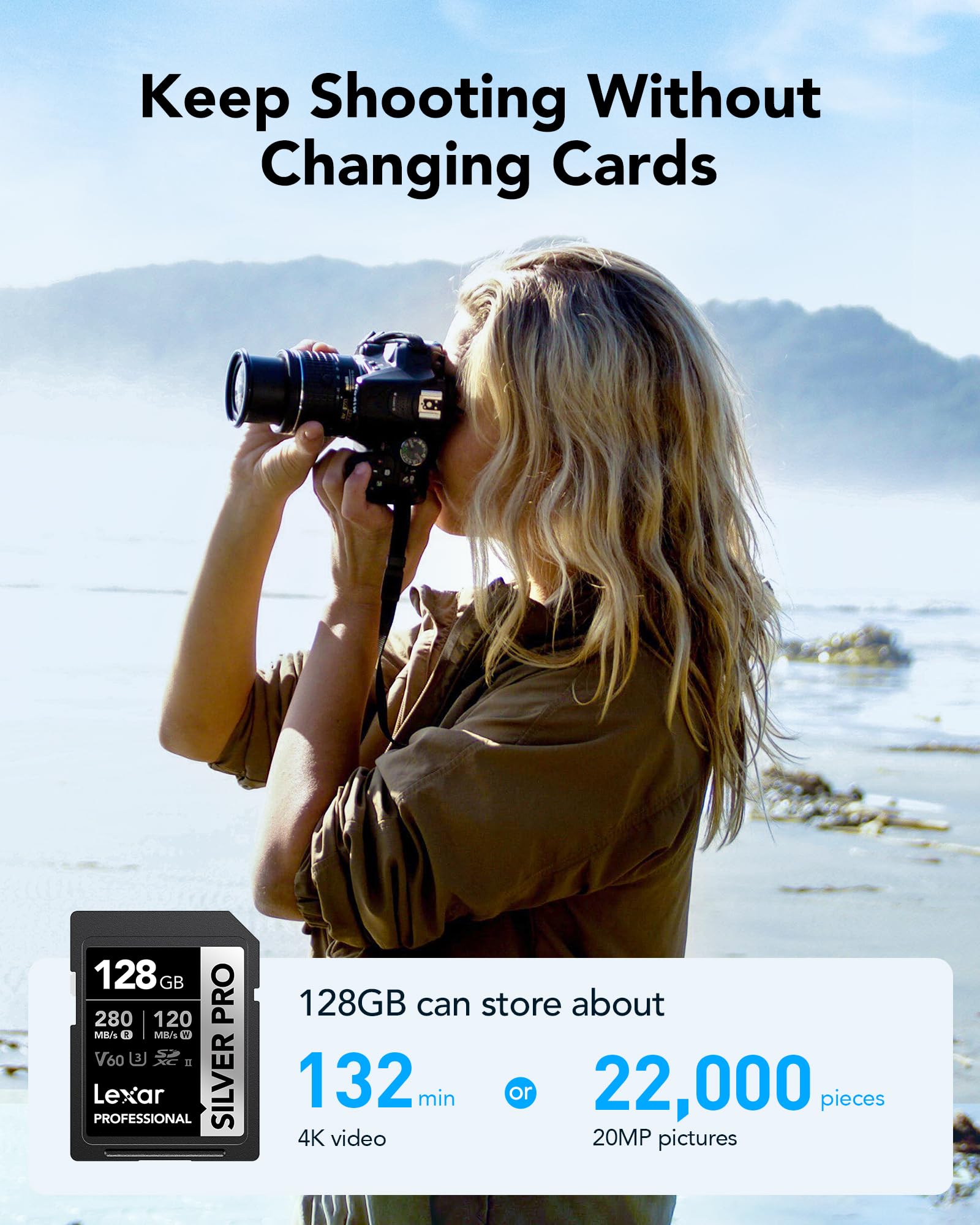Lexar 128GB (2-PK) Professional SILVER PRO SDXC Memory Card, UHS-II, C10, U3, V60, Full-HD & 4K Video, Up To 280MB/s Read, for Professional Photographer, Videographer, Enthusiast (LSDSIPR128G-B2NNU)