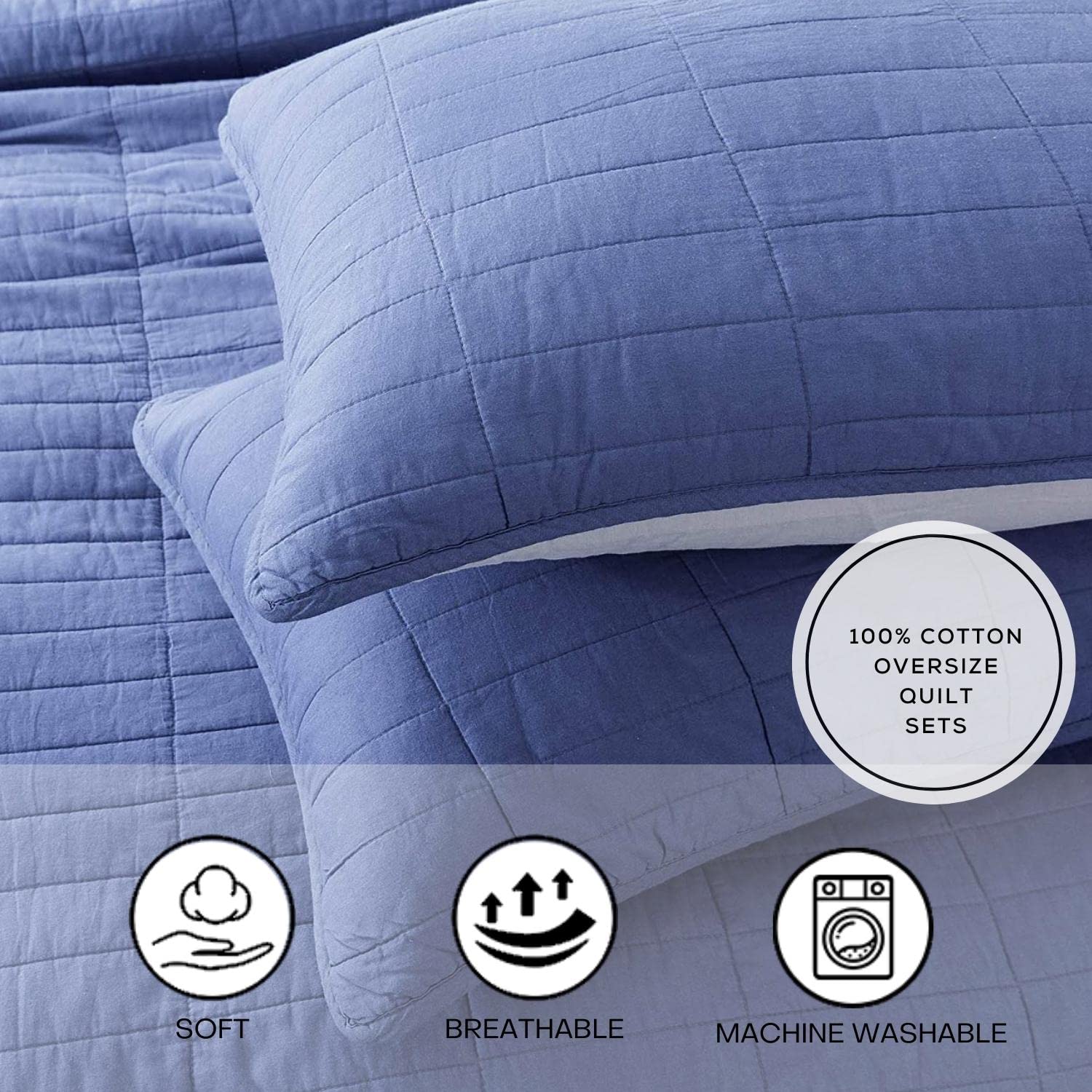 KASENTEX 3-Piece Oversized King Quilt Set Soft 100% Cotton Bedspread Coverlet Sets (Teal, 112X106+20X36 X2)