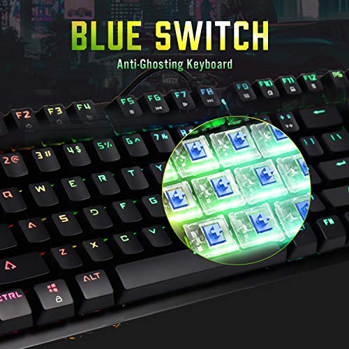 Mechanical Gaming Keyboard and Mouse Combo, Blue Switch Full Size Wired Gaming Keyboard with Colorful Backlit, 1600 DPI Gaming Mouse for Windows PC Gamers