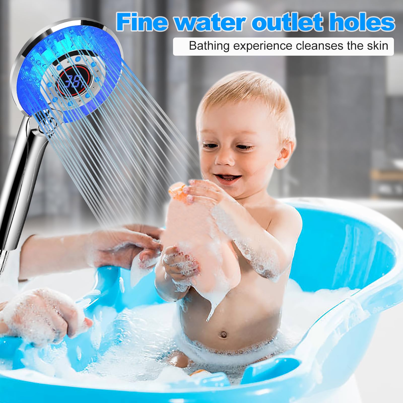 LED Shower Head Color Changing, Handheld Shower Head High Pressure with Hose, Water Saving Spray Showerheads, Discoloration Warning, Water Temperature Display, 3 Spray Modes, Easy to Install, Chrome