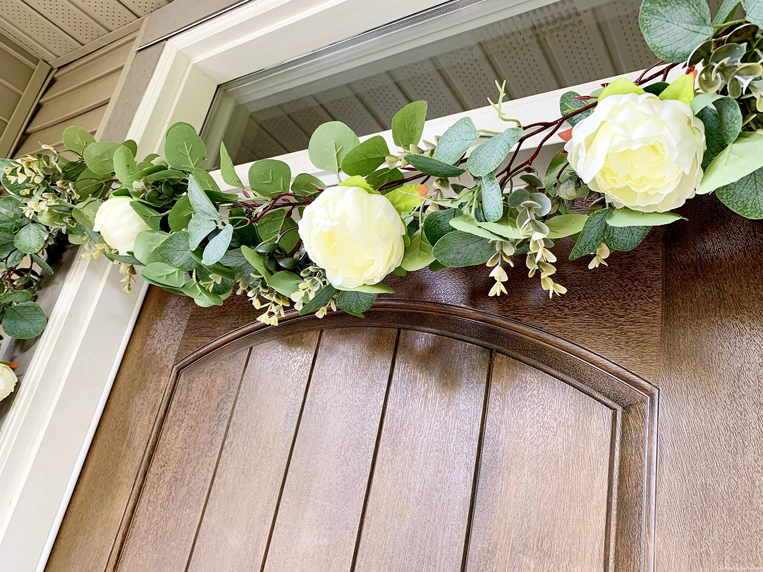 Luxury by Laura Lea Eucalyptus Garland with Peony Flowers - Full Realistic Silver Dollar & Twig Greenery, Perfect for Weddings, Mantel Decor, Home Decor, Table Runner