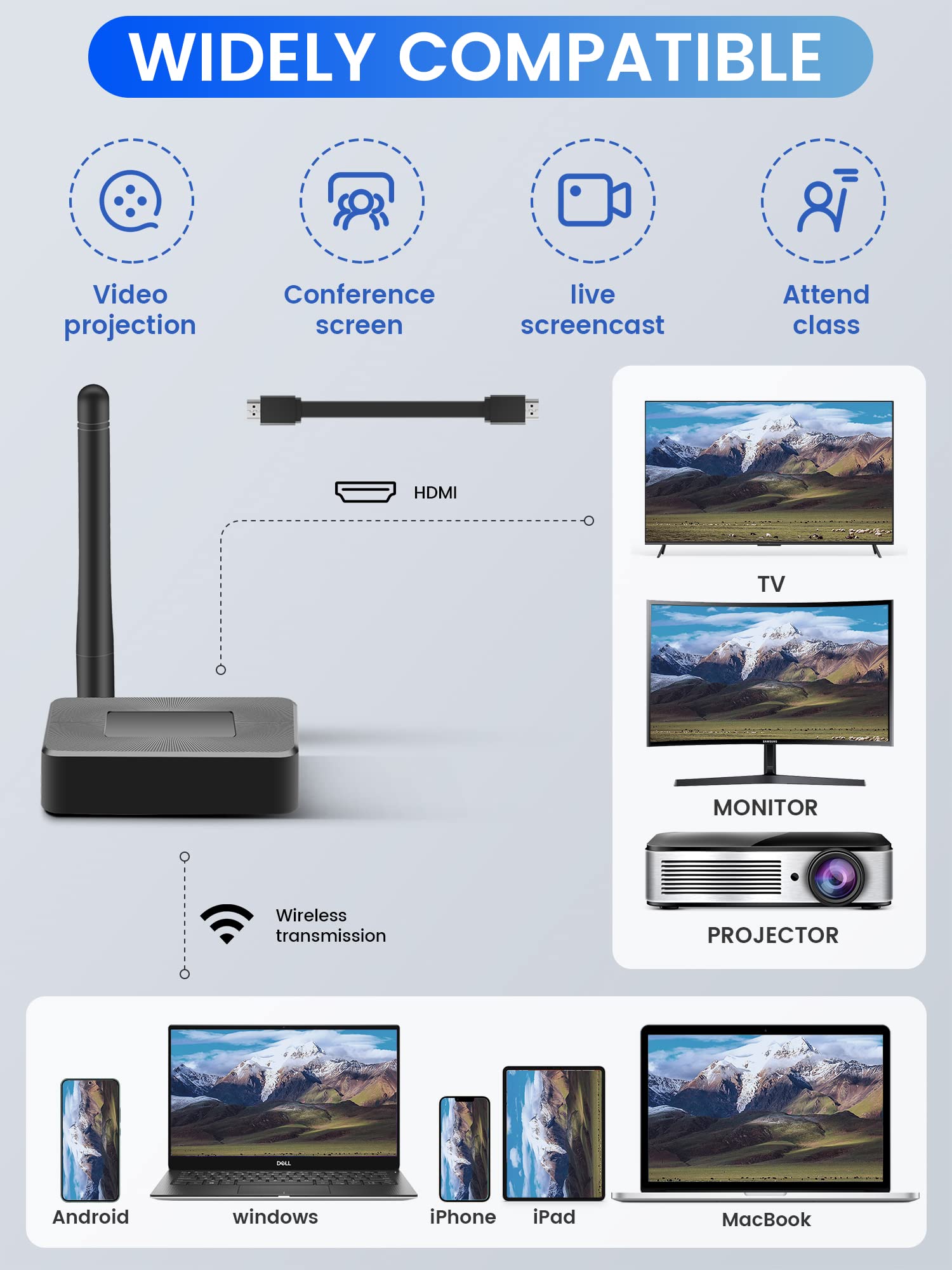 Renkchip Wireless HDMI Display Adapter dongle, 1080P/60Hz Real-time Transmission, No Setup or APP Required, Compatible with Android, iOS, Windows and MacOS
