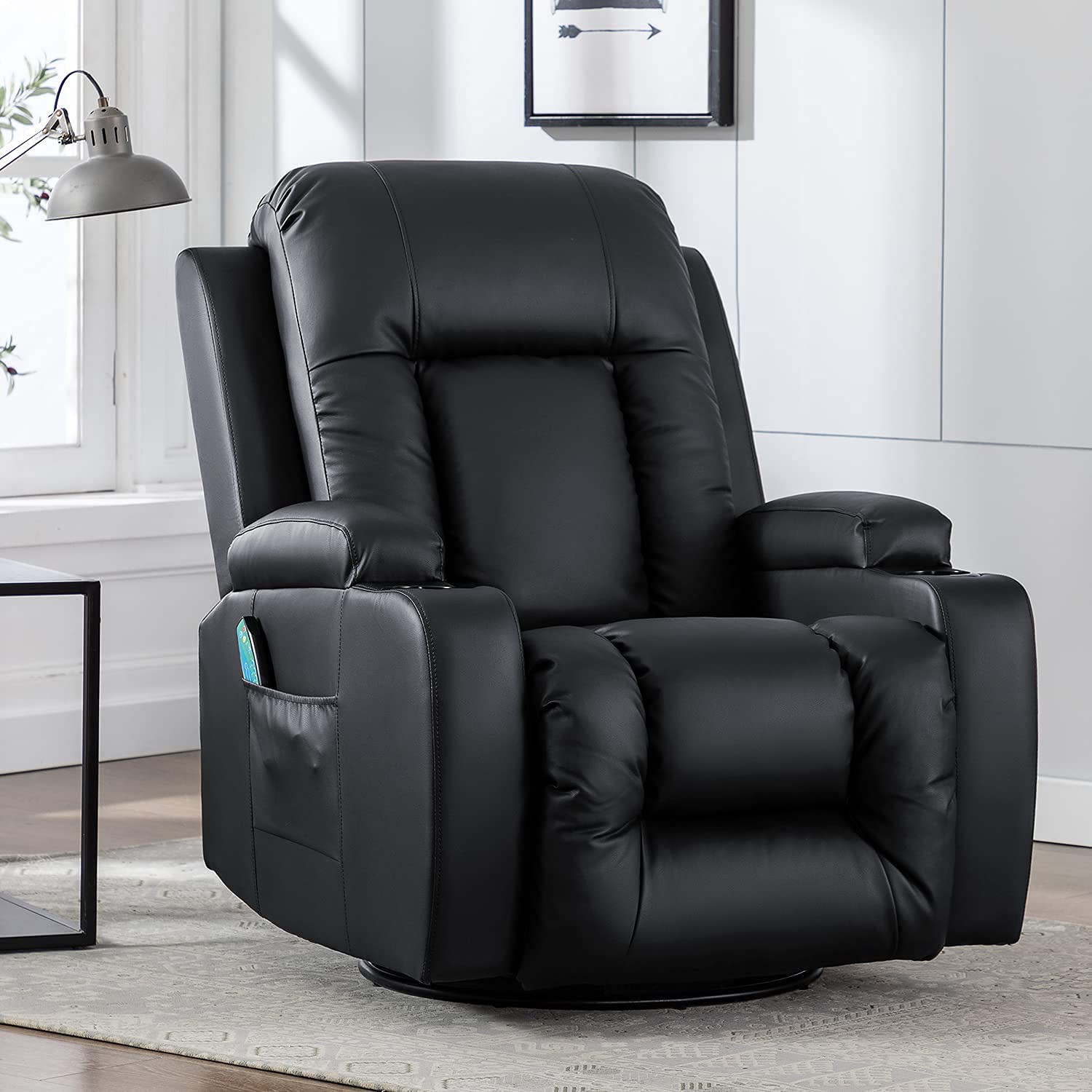 JOMEED Massage Rocking Recliner Chair with Heated 360 Degree Swivel PU Leather Recliner Sofa with Cup Holders for Living Room, Vibration