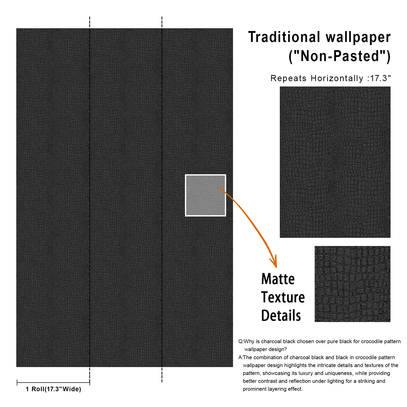 JiffDiff Black Crocodile Wallpaper Textured Wallpaper Charcoal Black Matte Non Woven 3D Embossed Wallpaper Non-Pasted Wallpaper 19.7Ft x 17.7''
