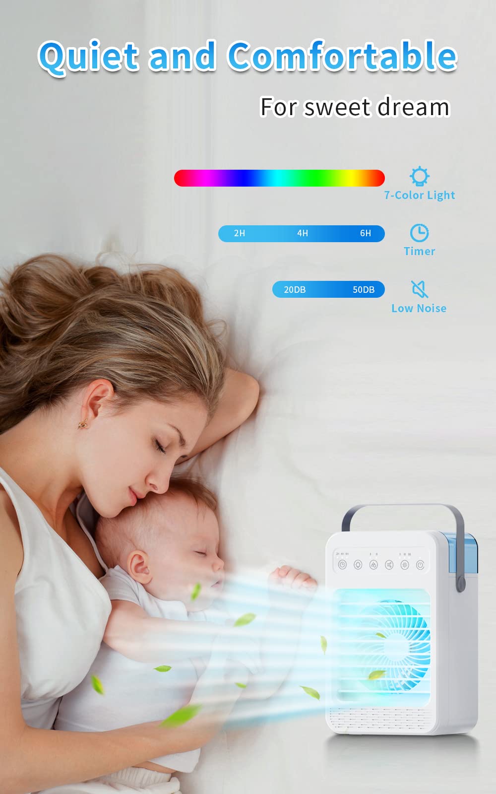 Portable Air Conditioners Fan, 2-6H Timer, 600ml Water Tank Personal Mini Air Cooler with 4 Wind Speeds, USB Evaporative Air Cooler Fan with LED Light for desktop Office Bedroom Kitchen