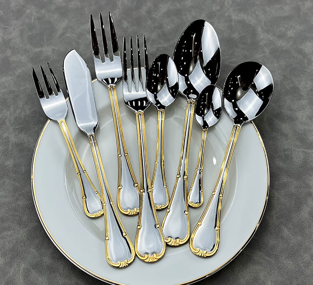 Luxury Silverware Set for 6, Retro Royal Palace Style Stainless Steel Flatware Cutlery with Gold-Plated Trim, 24-piece Eating Tableware for Wedding Home Kitchen Hotel Restaurant