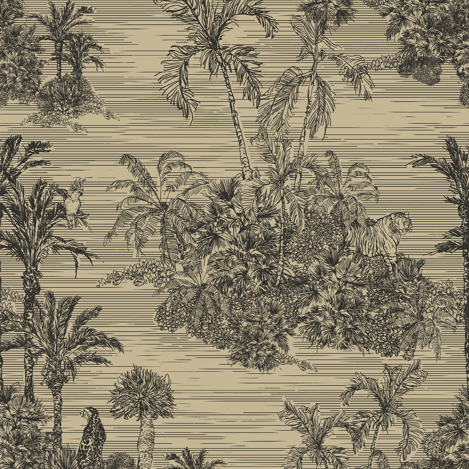 JiffDiff Black Peel and Stick Wallpaper Tropical Forest Sketch Vintage Wallpaper for Bedroom 17.3"x393.7" Animal Stick on Wallpaper Removable Self-Adhesive Wall Decor