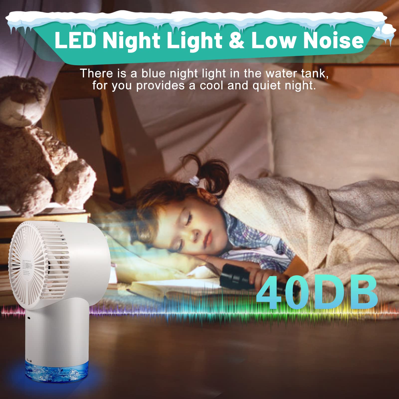 Portable Air Conditioners, Evaporative USB Rechargeable Personal Air Cooler, Cordless 3 in 1 Mini AC Desktop Spray Fan, Quiet 3 Speed Air Cooler Humidifier with Blue Night Light for Home / Camping / Desk