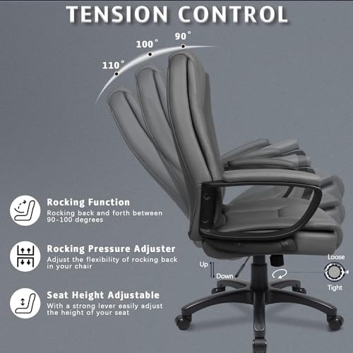 LEMBERI Office Desk Chair, Big and Tall Managerial Executive Chair, High Back Computer Chair, Ergonomic Adjustable Height PU Leather Chairs with Cushions Armrest for Long Time Sitting (Dark Grey)