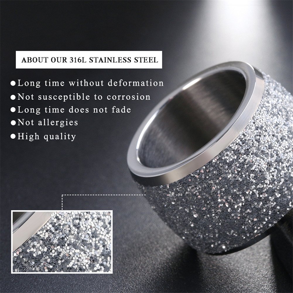 INRENG Women's Stainless Steel Ring Shiny Sequins Pave Sandblast Wide Wedding Band Silver Size 9