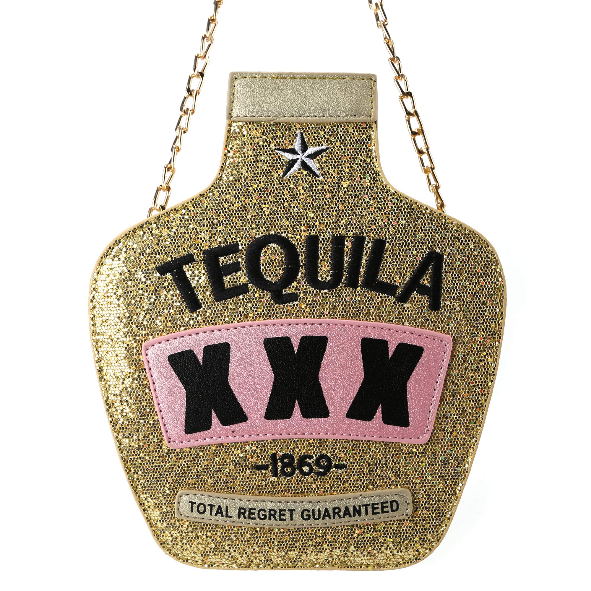 Ondeam Tequila Bottle Shaped Laser Shoulder Handbags,Pu Crossbody Purse for women(Gold B)