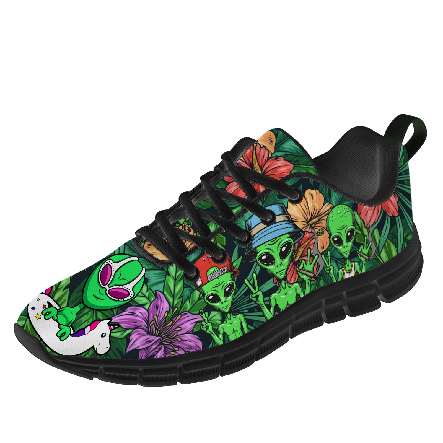 Mens Womens Alien Shoes Running Walking Tennis Sneakers Alien UFO Tropical Hibiscus Flower Shoes Gifts for Women Men,Size 10.5 Men/12 Women Black