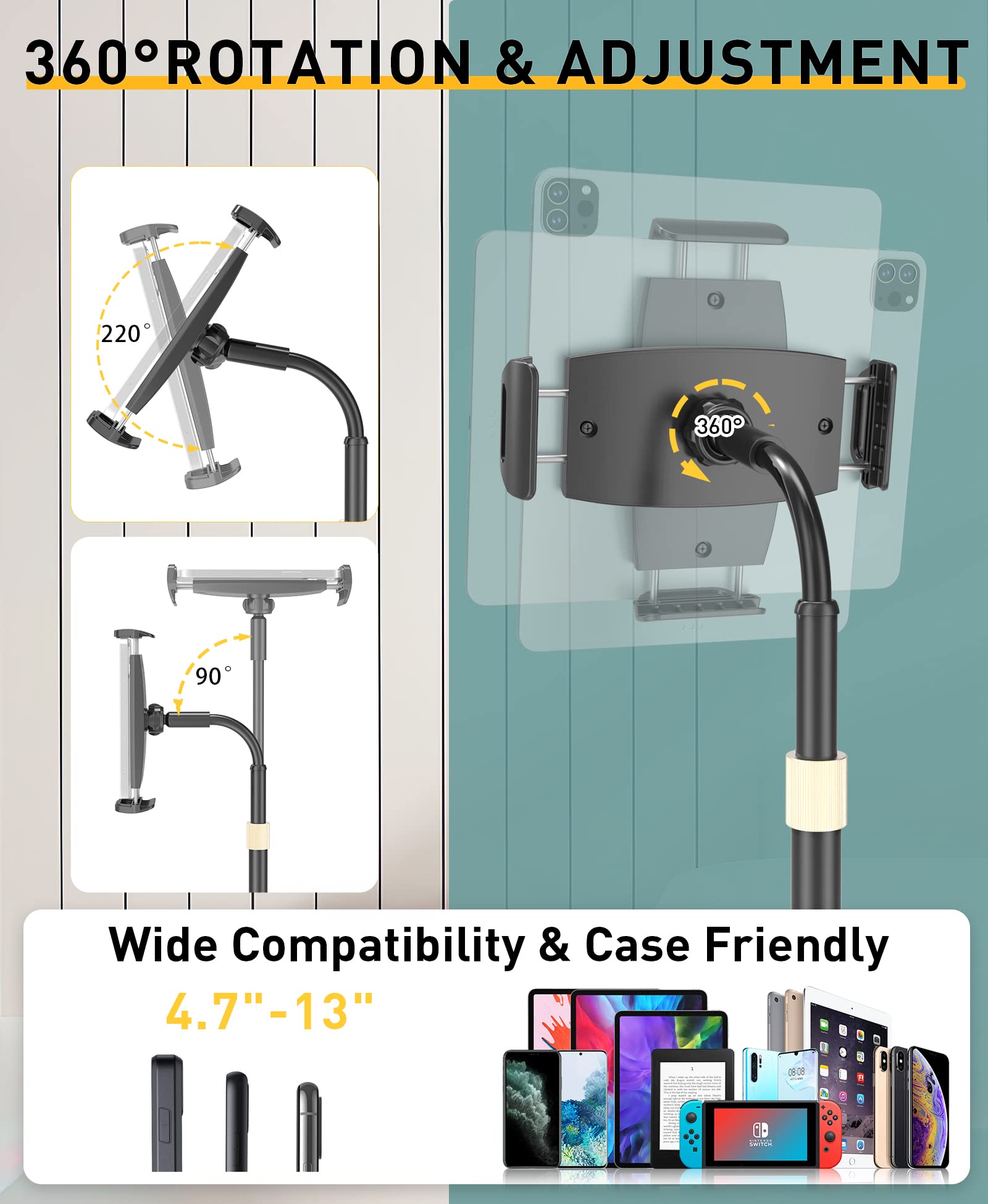 Tryone Adjustable iPad Stand, 360 Degree Rotation, Flexible Arm, Swivel, Hand Free, Compatible with 4.7 - 12.9 Inch Tablets and Cell Phones