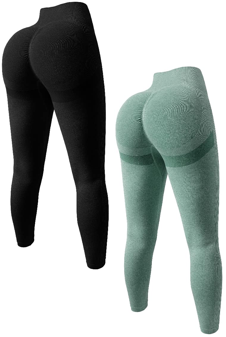 OQQ Women's 2 Piece Butt Lifting Yoga Legging Workout High Waist Tummy Control Ruched Booty Pant, Black Darkgreen, Medium