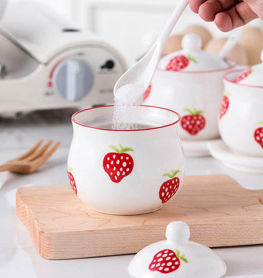 Mathew Hand-painted Strawberry Ceramic Seasoning Jar Condiment Pot Sugar Bowl with Lid and Spoon