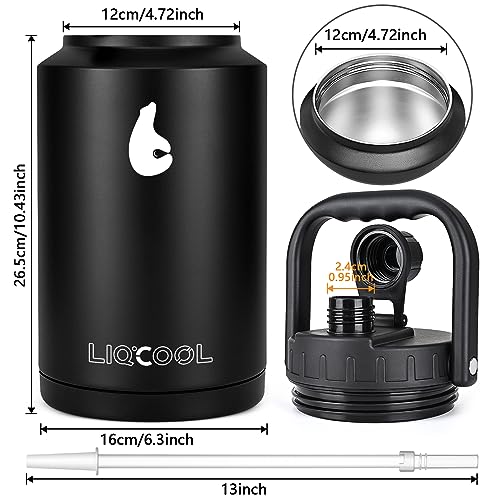 LiqCool 1 Gallon Water Jug, 128oz Insulated Water Bottle, Large Vacuum Gallon Stainless Steel Water Bottle With Handle, Wide Mouth Leak Proof Thermo Bottle for Outdoors Camping, Black