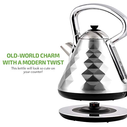 OVENTE Electric Kettle Hot Water Boiler Stainless Steel 1.7 L Automatic Shut-Off 1500W Cleo Collection Cool Touch Handle Portable Brew Coffee Maker Tea Heater w/ Boil Dry Protection Brushed KS755BR