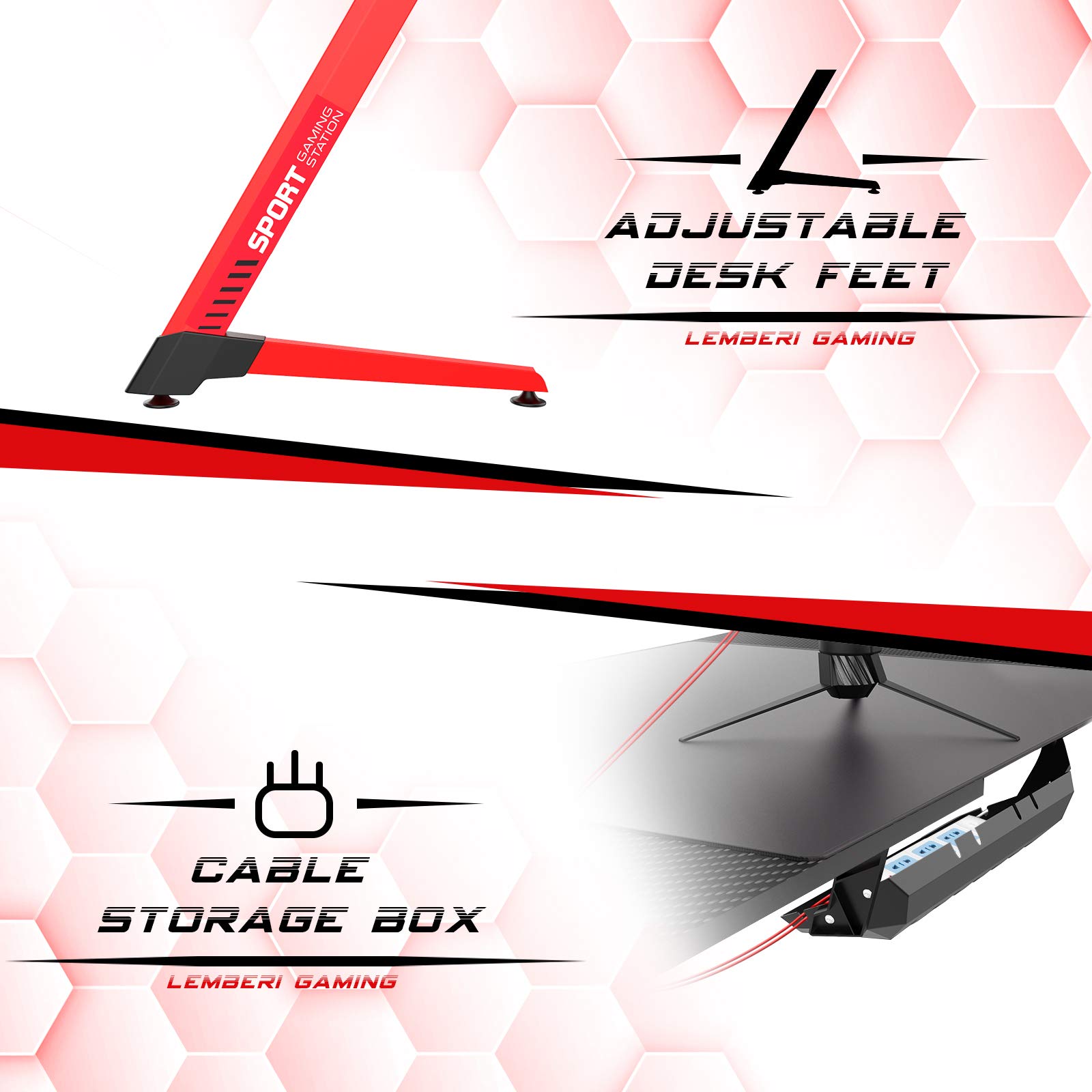 LEMBERI 63 inch Gaming Desk, Z-Shaped Computer Desk with Free Large Mouse Pad, Professional Game Work Station, PC Gamer Table with USB Gaming Handle Rack, Stand Cup Holder&Headphone Hook(63", Red)