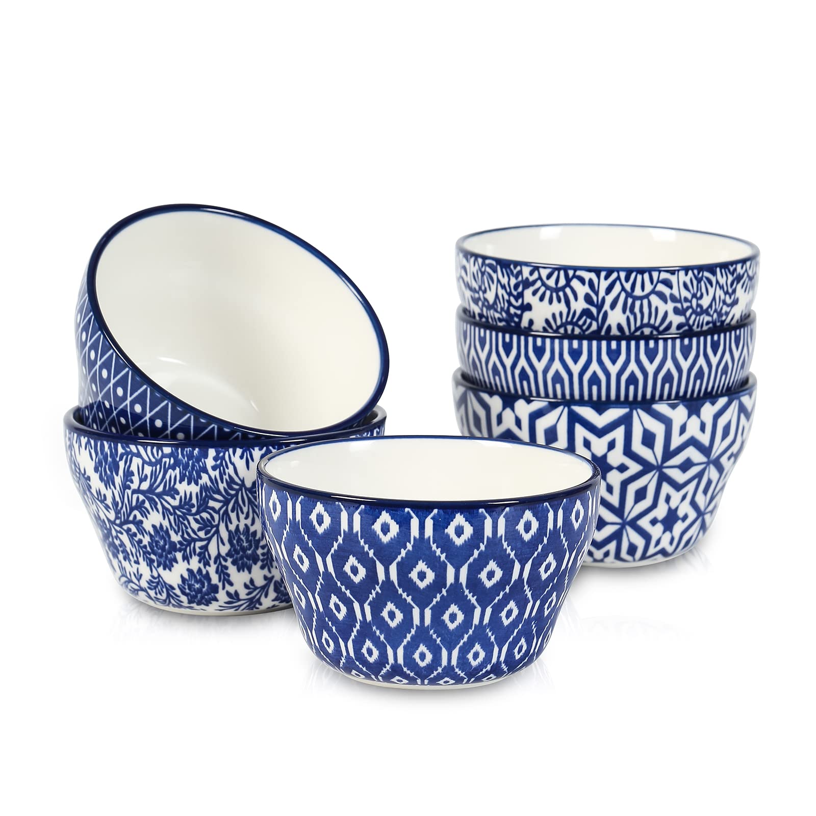 Selamica Ceramic 8oz Bouillon Cups 4 Inch Small Bowls, Dessert bowls for Soup Dipping Sauce Coffee Cupping, Microwave Dishwasher Safe, Set of 6, Vintage Blue
