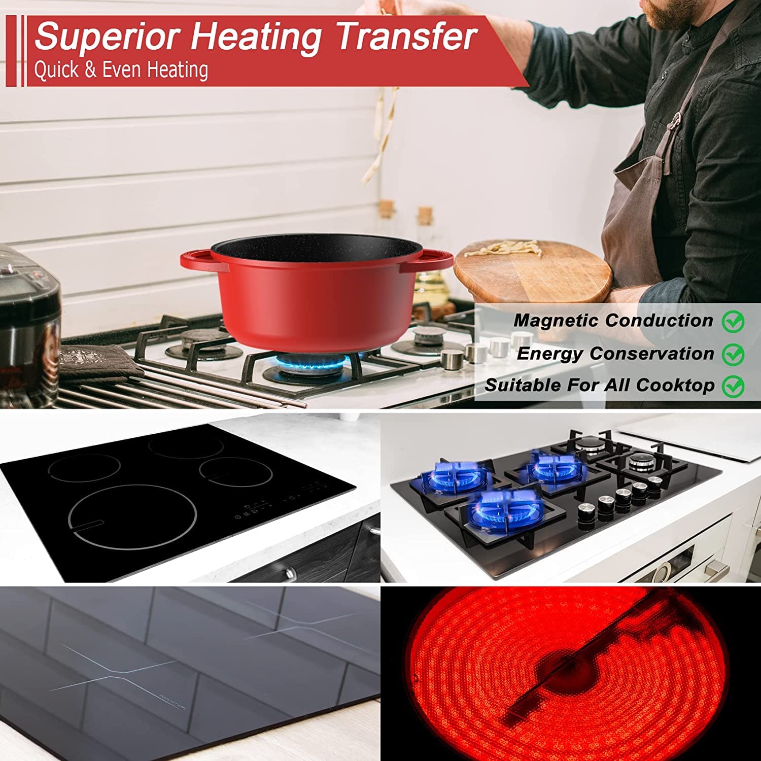 imarku Pots and Pans Set,11-Piece Nonstick Cookware Set Granite Coating, Induction Kitchen Cookware Sets Easy to Clean, Cooking Pot Pan Set with Stay-Cool Handle, Red