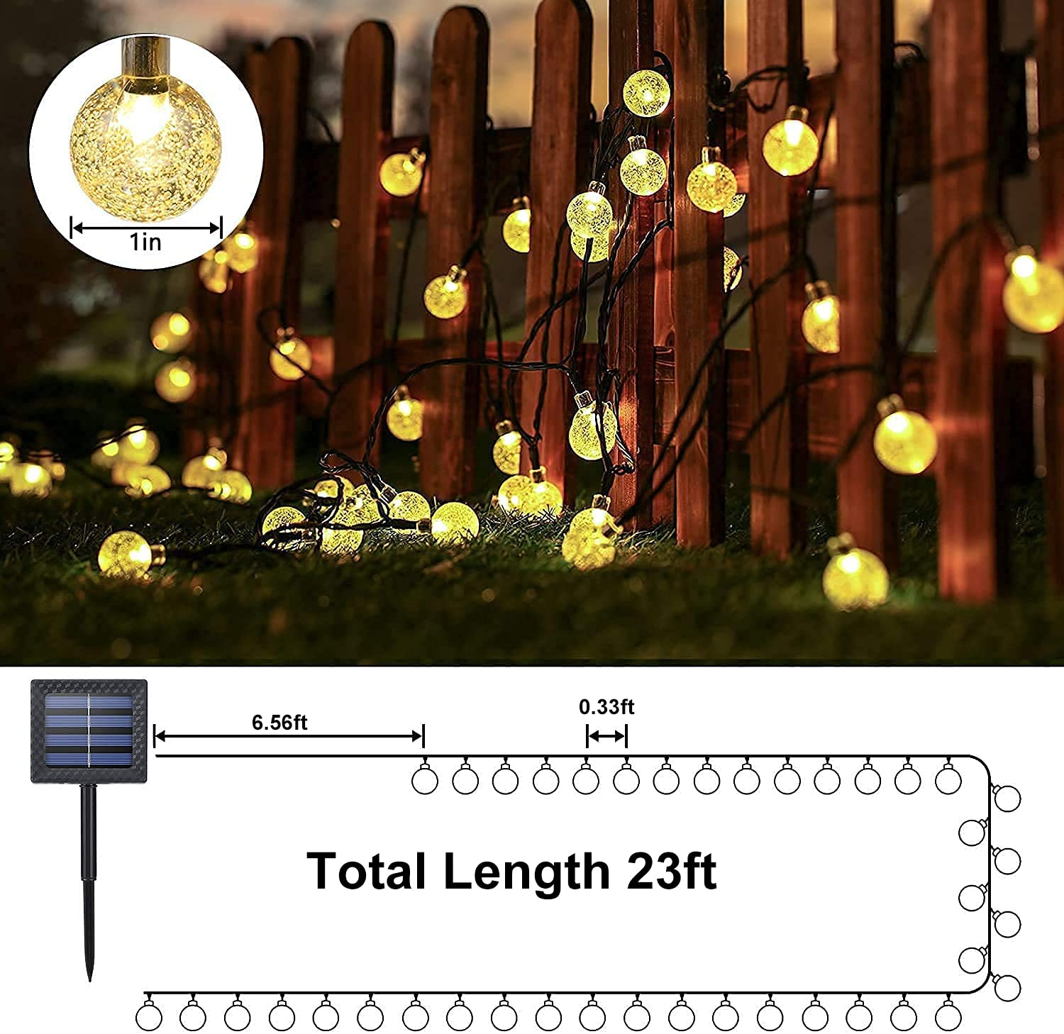 Lezonic Solar String Lights Outdoor Waterproof,50LED Solar Crystal Globe Lights,8 Mode 7M/24Ft Outdoor Solar Powered String Lights for Garden,Patio Yard,Christmas,Parties,Wedding(Warm White)