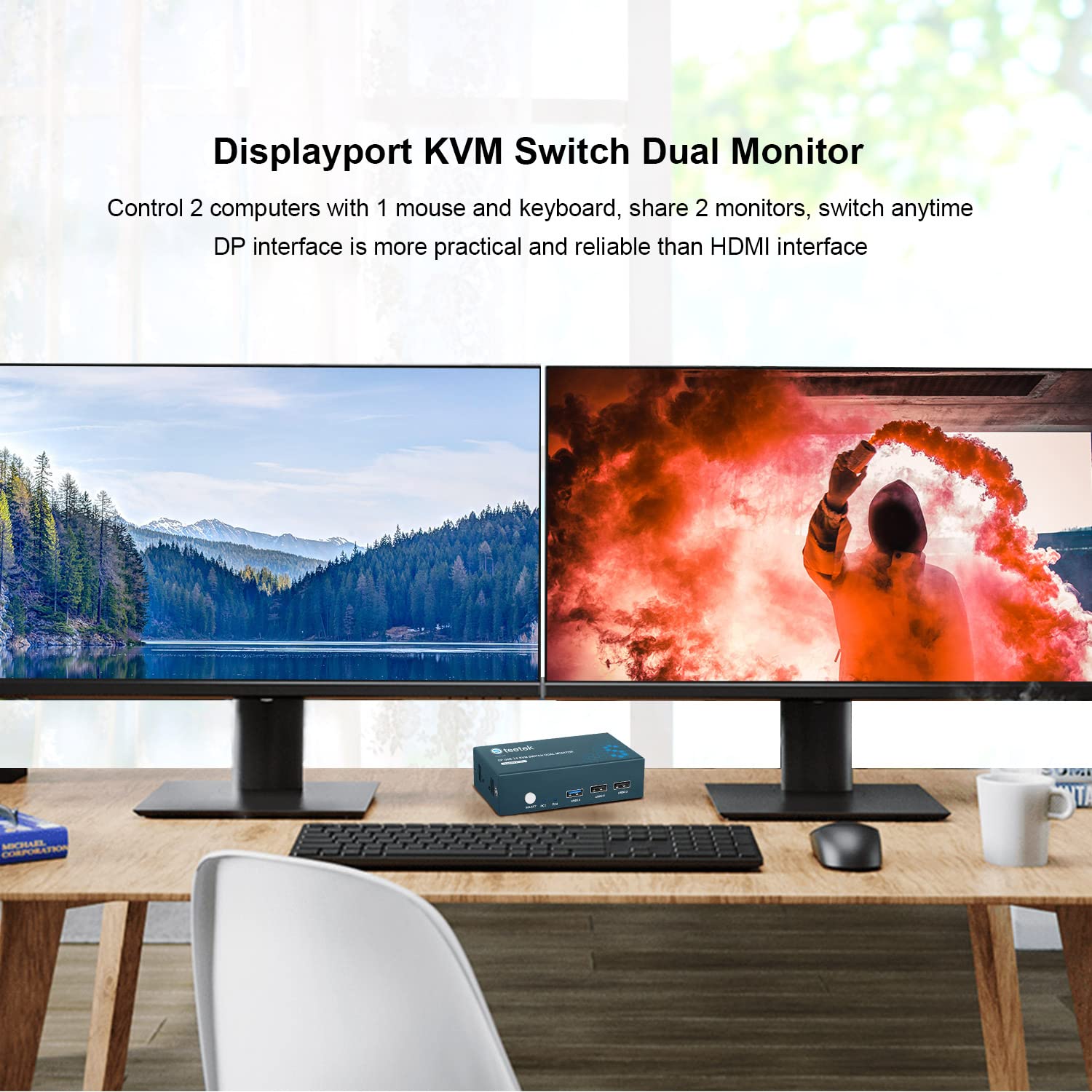 Steetek USB 3.0 Displayport KVM Switch Dual Monitor, 4K@60Hz 2 Monitors 2 Computers DP KVM Switch, 2 in 2 Out Displayport kvm with USB 3.0 Port, Button Switch, with 4 DP and 2 USB 3.0 Cables